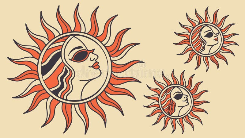 Stylized Sun Faces Celestial Outline Vector Illustration, Vector Design ...