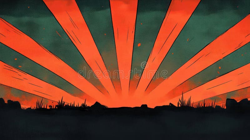 A Stylized Sunrise with Bold Rays Emanating from a Dark Horizon Stock ...