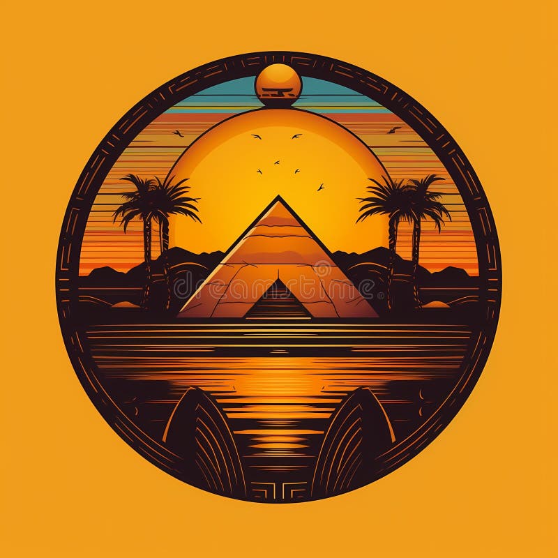 Stylized Sunset Pyramid Landscape Design Featuring Palm Trees. Stock ...