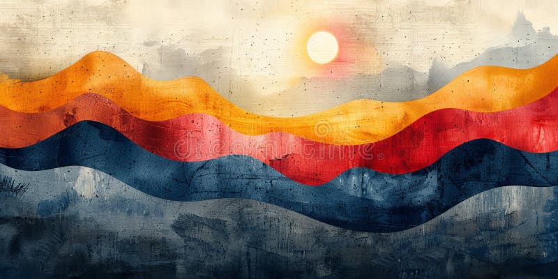 Stylized Sunset with Wavy Lines in Orange, Red, and Blue Tones. Stock ...
