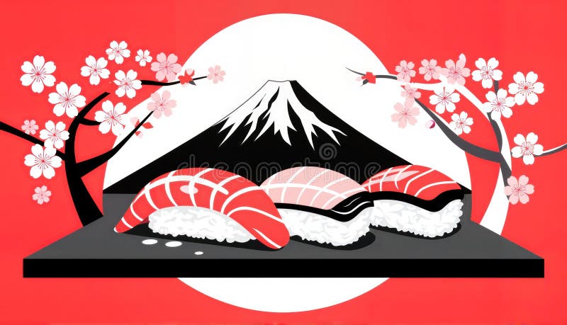 Stylized Sushi Illustration with Mount Fuji and Cherry Blossoms on a ...