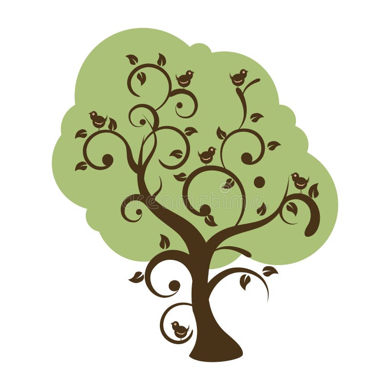 Stylized Swirly Tree with Birds Singing Stock Vector - Illustration of ...