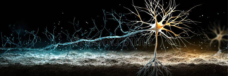 Stylized Synthetic Neuron Growing in Digital Soil Amidst a Dark ...