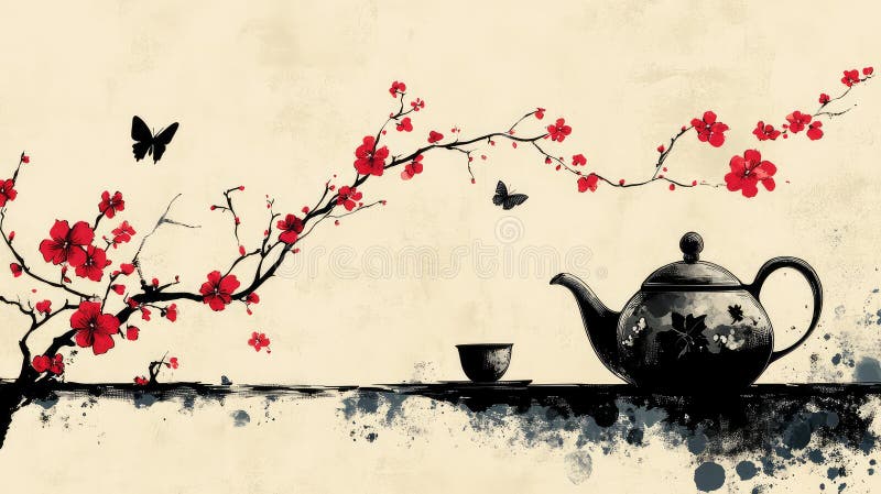 Stylized Teapot with Blossoms and Butterfly: Elegant Graphic Design for ...