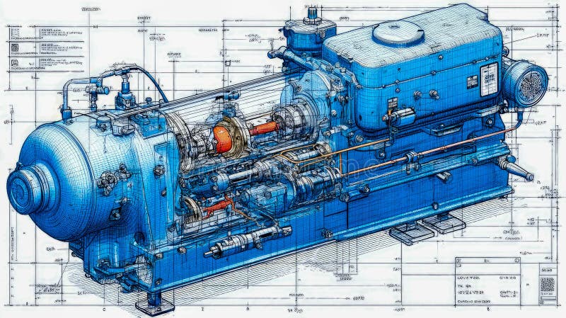 Stylized Technical Blueprint of a Complex Industrial Engine with ...
