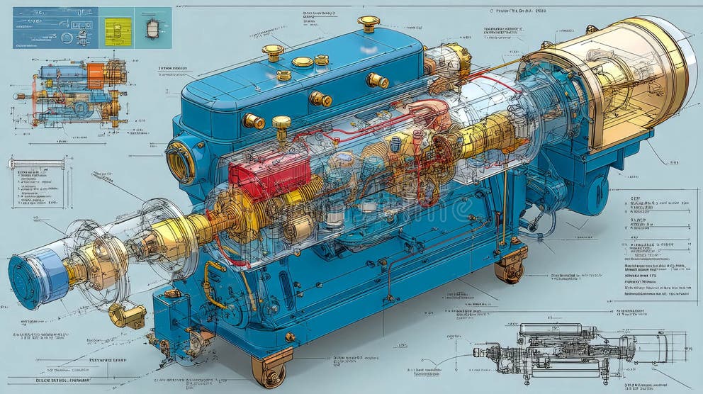 Stylized Technical Blueprint of a Complex Industrial Engine with ...