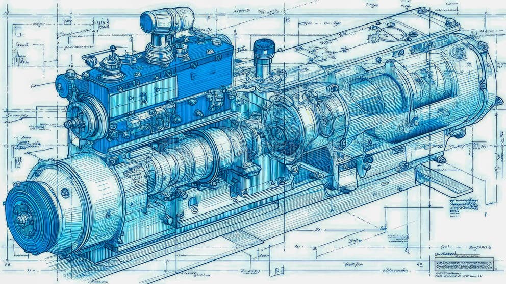Stylized Technical Blueprint of a Complex Industrial Engine with ...
