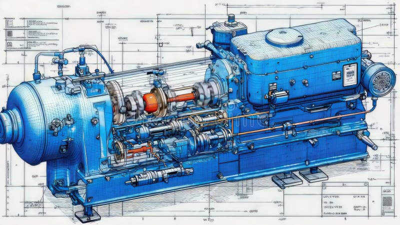 Stylized Technical Blueprint of a Complex Industrial Engine with Stock ...