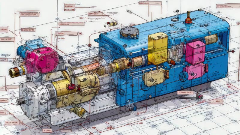 Stylized Technical Blueprint of a Complex Industrial Engine with Stock ...