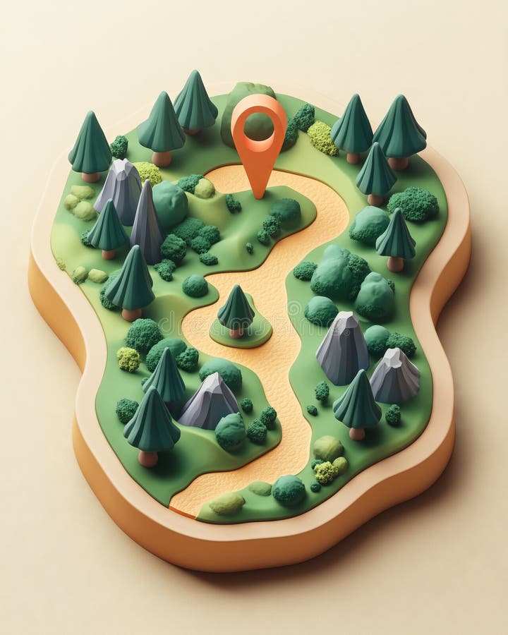 Stylized Terrain Map with a Winding Path and Adventure Marker Stock ...