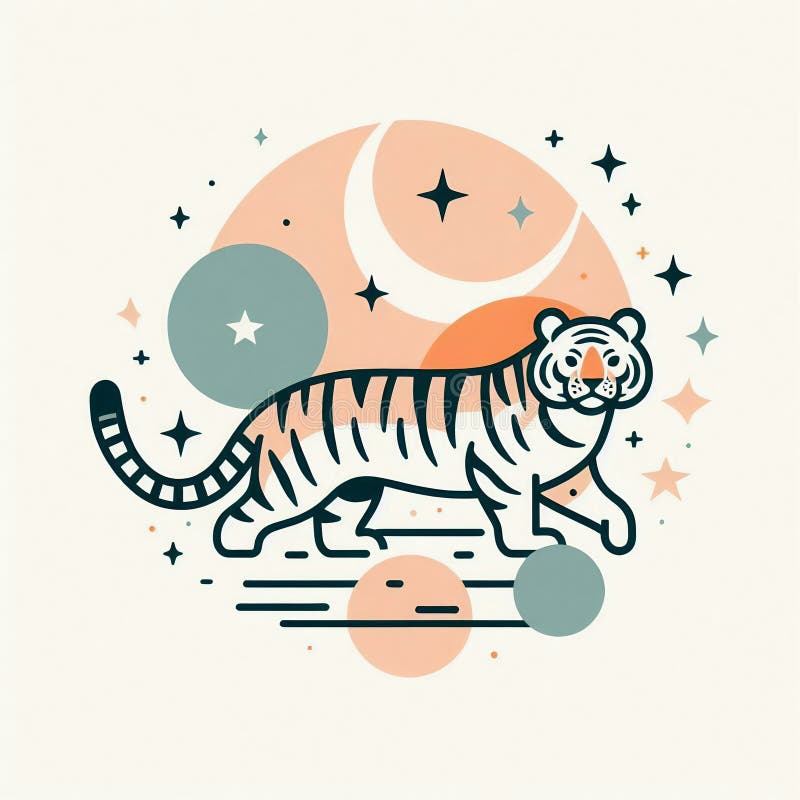 Stylized Tiger Walking Against a Celestial Background with Stars and ...
