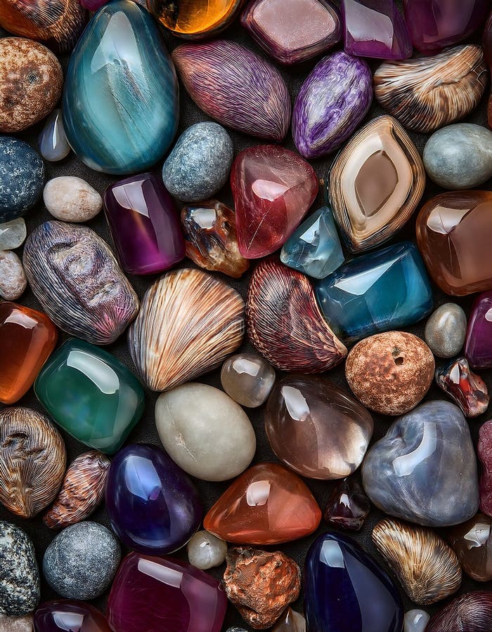 Stylized Top-down View of Decorative Gemstones and Minerals, Arranged ...