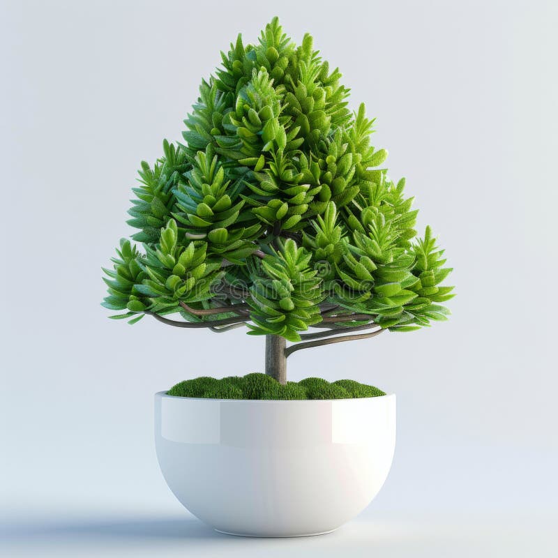 A Stylized Topiary Tree with Dense Green Leaves, Set in a Modern White ...