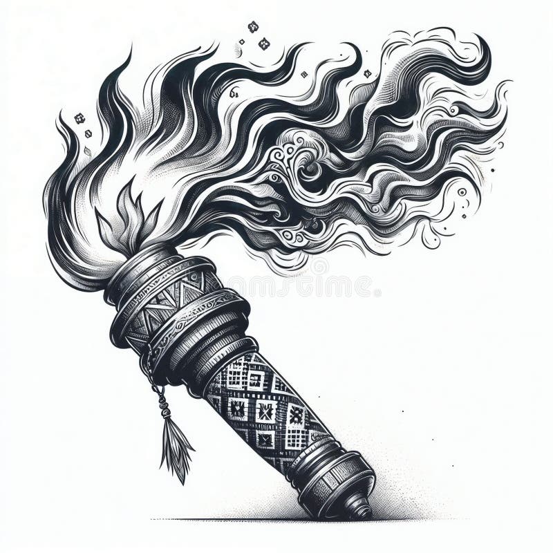 Black and White Illustration of a Torch with Ornamental Designs Stock ...