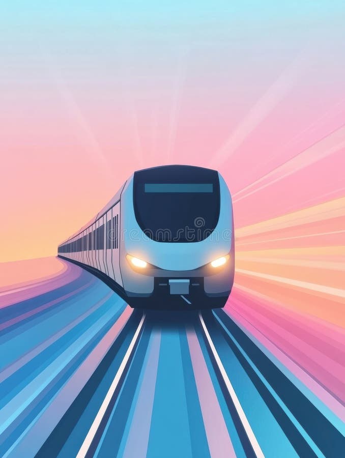 A Stylized Train Moves Effortlessly Along Its Tracks, with a Beautiful ...