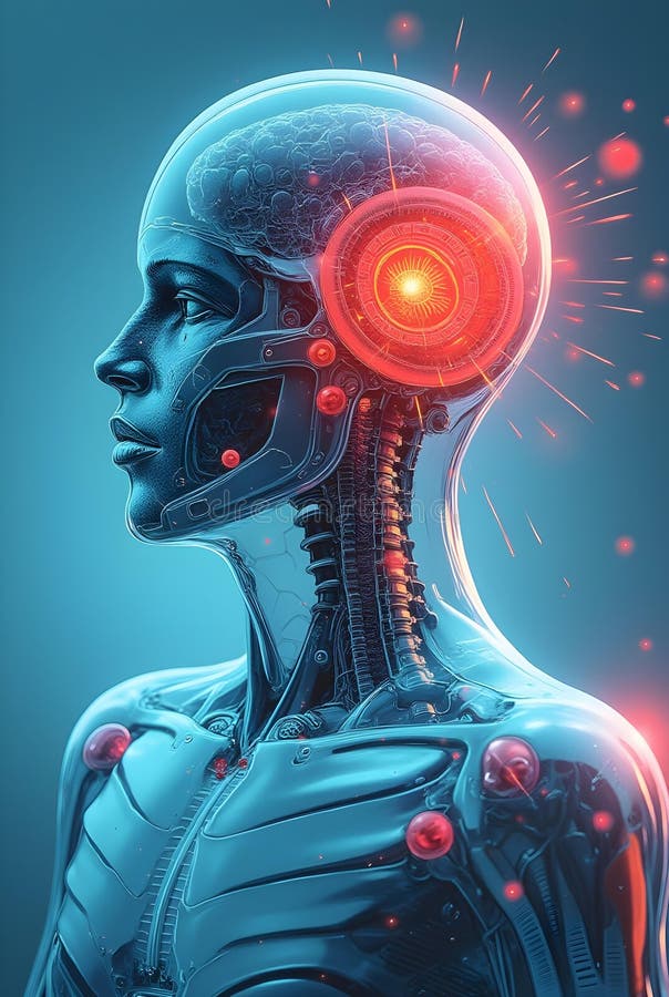 A Stylized, Translucent Human Head and Torso with Internal Mechanisms ...