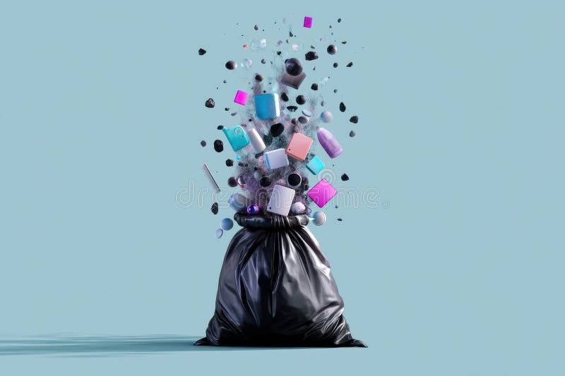Stylized Trash Bag Bursting with Colorful Plastic Items Scattered ...