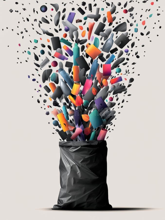 Stylized Trash Bag Bursting Open with Colorful Plastic Items in an ...