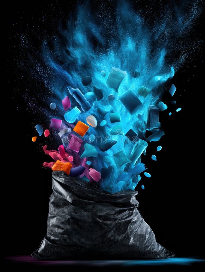 Stylized Trash Bag Bursts Apart Releasing Colorful Plastic Items in a ...