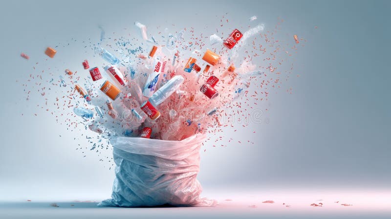 Stylized Trash Bag Bursts Open with Colorful Branded Plastic Items in a ...
