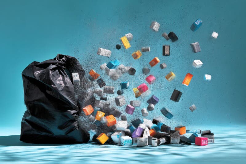 Stylized Trash Bag Bursts Open, Releasing a Colorful Array of Plastic ...