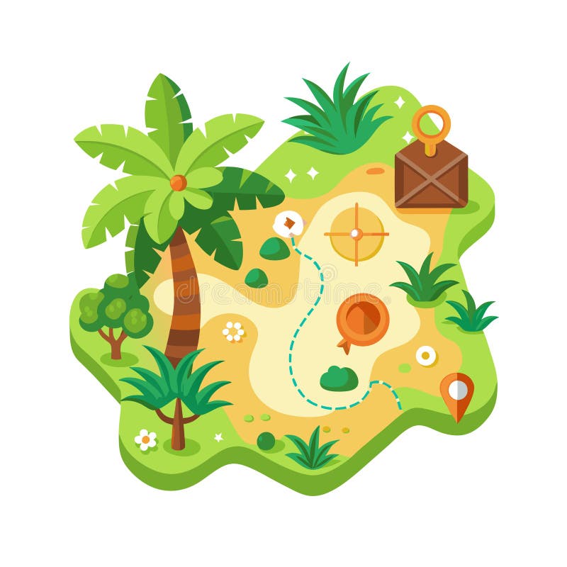 Stylized Treasure Map with Tropical Island Elements and Marked Location ...