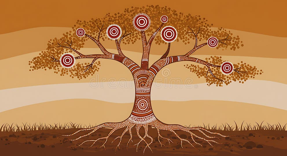 Stylized Tree in an Aboriginal Art Style, Featuring Intricate Dot ...