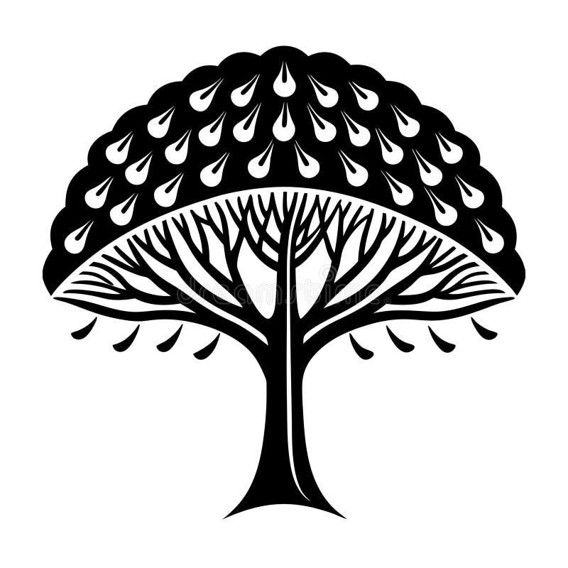 Stylized Tree with Abstract Leaves: Black and White Vector Illustration ...