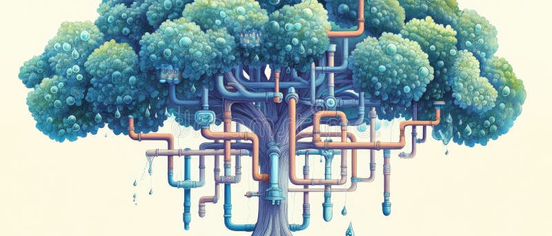 A Stylized Tree with Blue and Orange Pipes Running through Its Branches ...