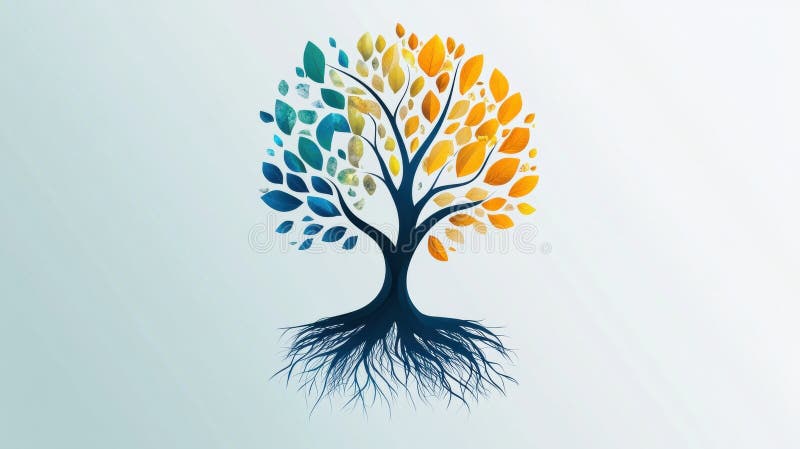 Stylized Tree Design with Colorful Leaves and Intricate Roots Stock ...