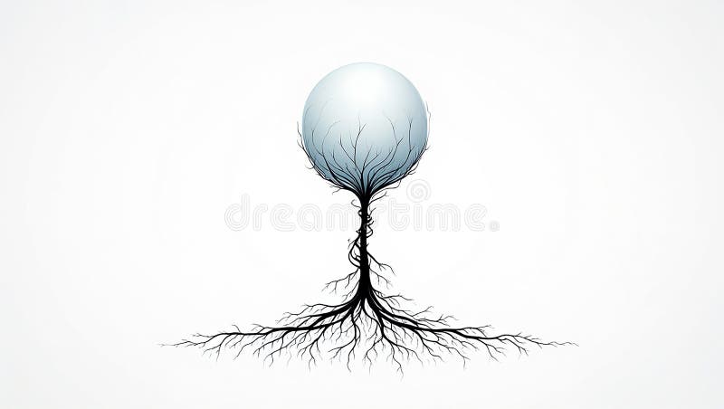 A Stylized Tree with a Glowing Orb Crown and Intricate Root System ...