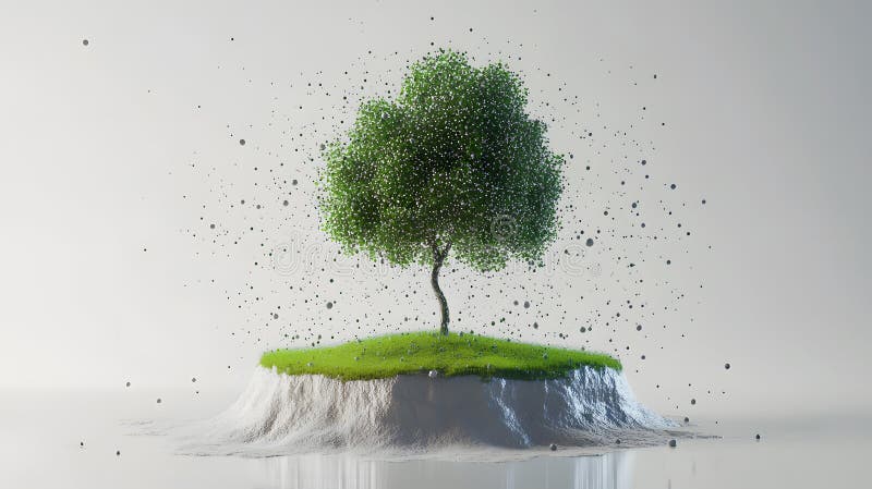 Stylized Tree on a Grassy Knoll with Floating Particles Stock Photo ...