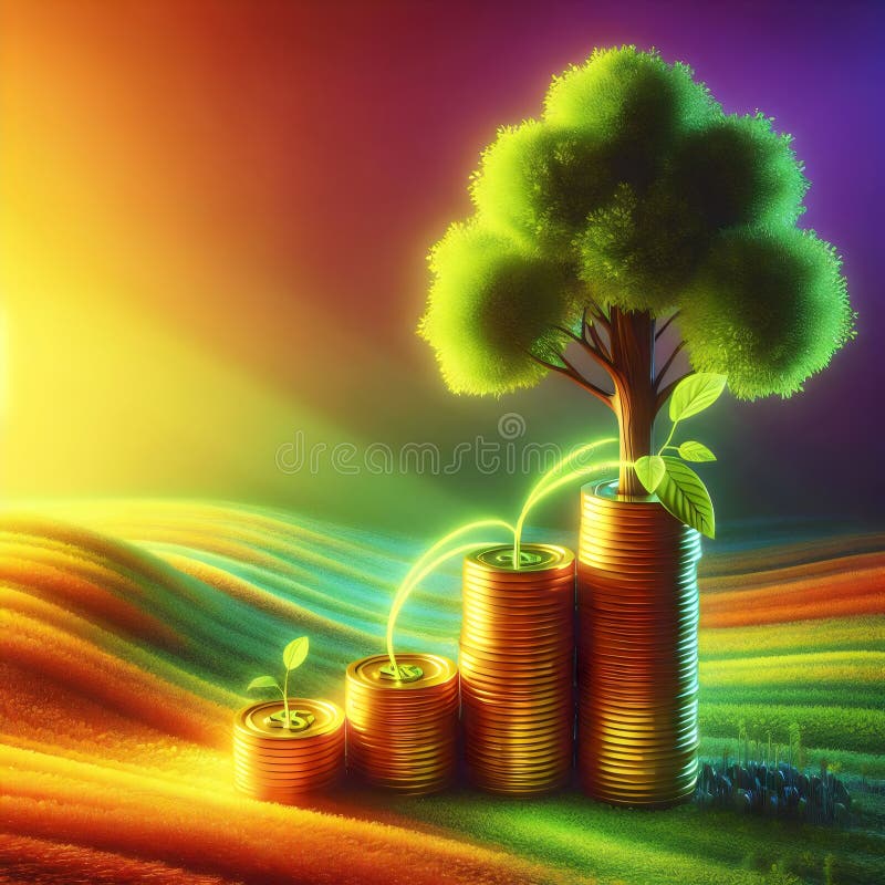 A Stylized Tree Growing from Gold Coins, Representing Financial Growth ...