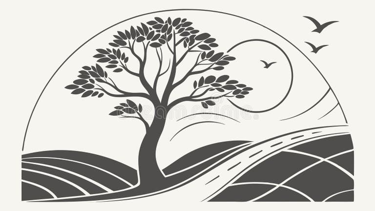 Stylized Tree on a Hill in an Arched Frame Vector Emblem, Vector Design ...