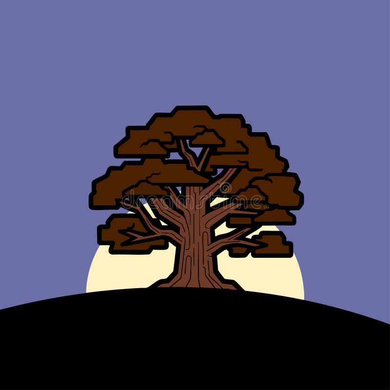 Stylized Tree on Hill with Large Sun or Moon in Purple Sky Stock Image ...