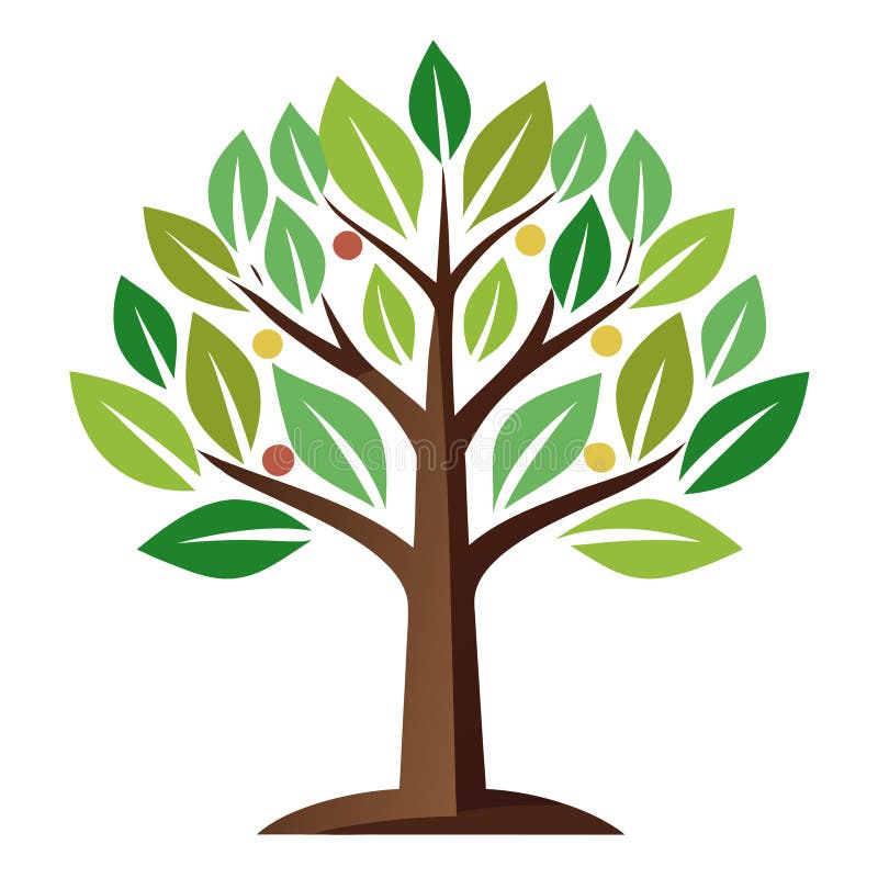 Stylized Tree Illustration with Leaves and Fruit, Flat Design, Vector ...