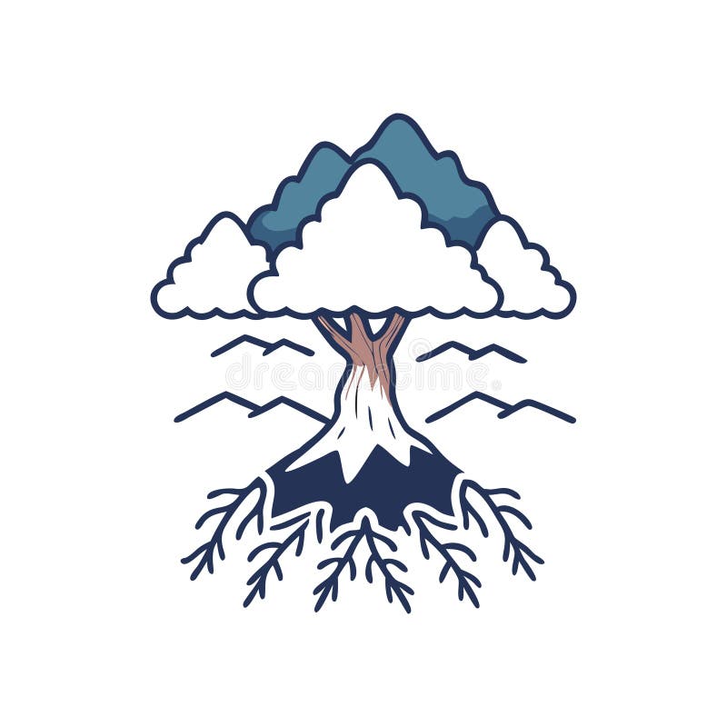 Stylized Tree Illustration with Mountain Details and Root System Design ...