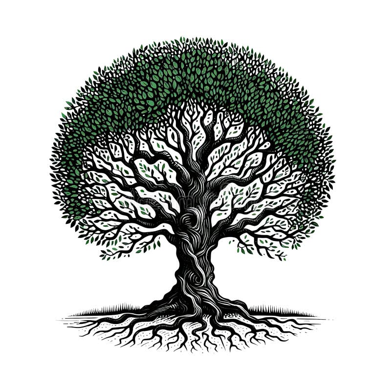 Stylized Tree with Intricate Branches, Green Leaves and Visible Roots ...