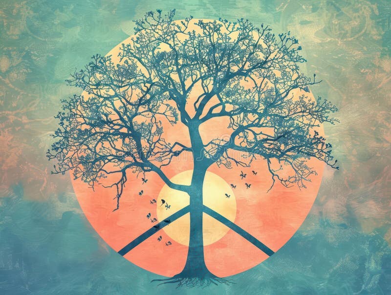 A Stylized Tree with a Peace Symbol in Front of a Sunset, Representing ...