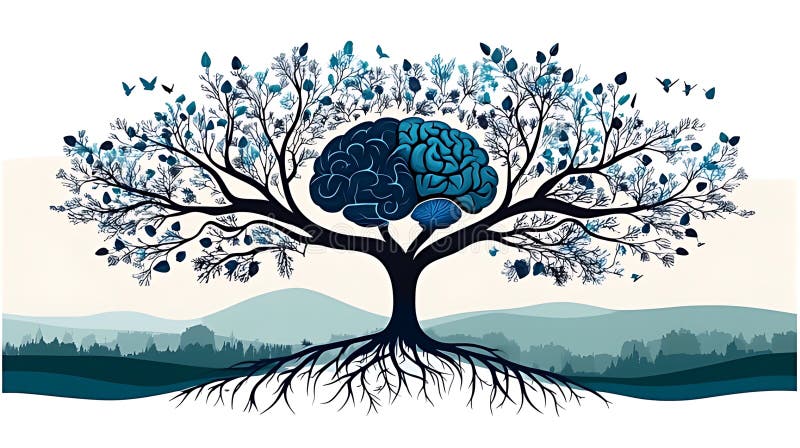 A Stylized Tree with Roots, Branches, and Leaves, with a Brain at Its ...