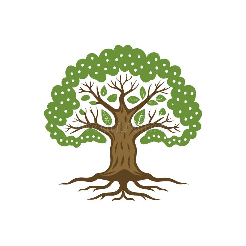Stylized Tree with Roots, Leaves, and Green Foliage Isolated on White ...