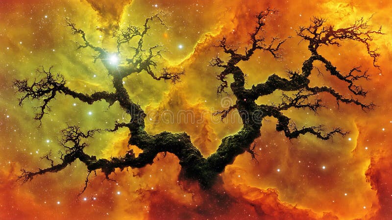 A Stylized Tree Silhouette Against a Radiant Celestial Nebula Backdrop ...