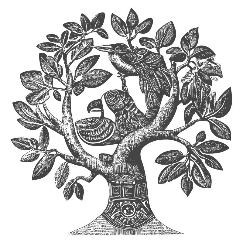 Ornate Tree with Birds: a Detailed Engraving Stock Vector ...