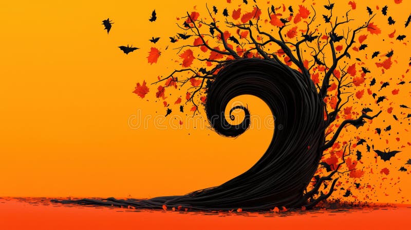 Stylized Tree Wave with Autumn Leaves Against a Vibrant Orange ...