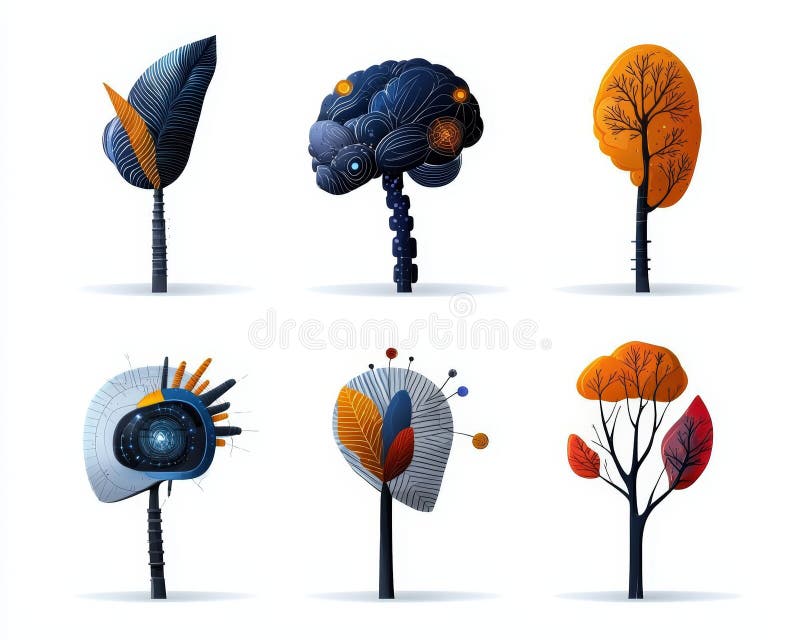 Stylized Trees with Brain Designs White Background Stock Illustration ...