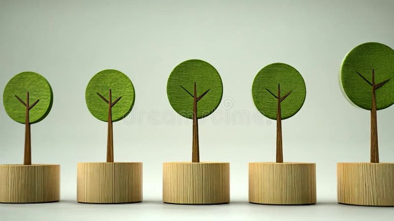 Stylized Trees Showing Progressive Growth within Simple Wooden Planters ...