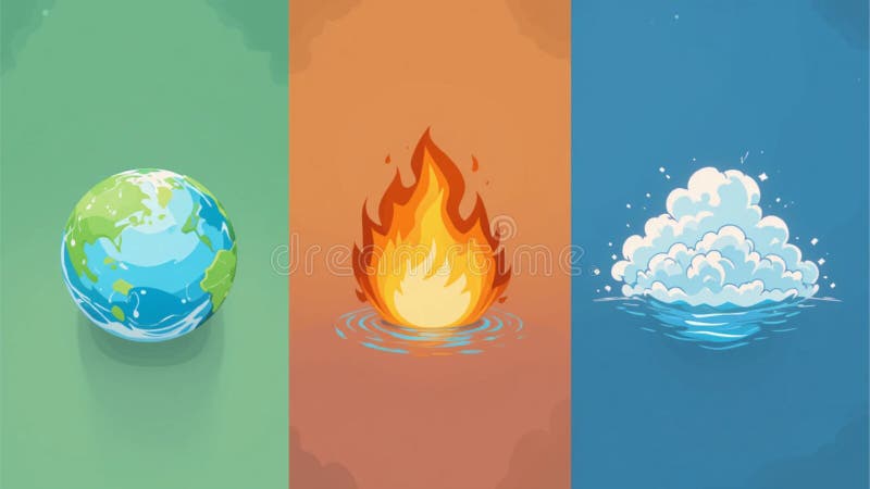 Stylized Earth, Fire, and Water Elements in Triptych Stock Illustration ...