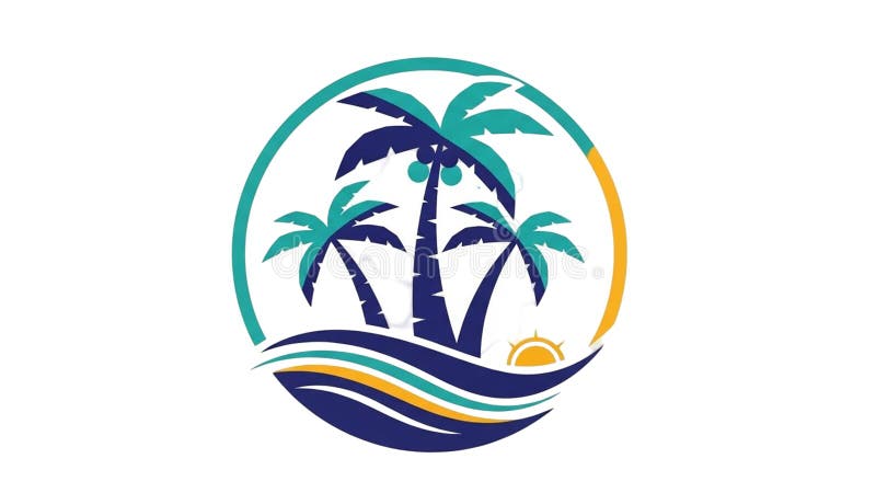 Stylized Tropical Island Beach Logo with Palm Trees and Sunset Stock ...