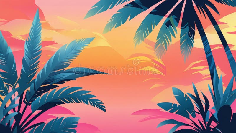 Stylized Tropical Scene Featuring Palm Trees and Colorful Sky with Soft ...