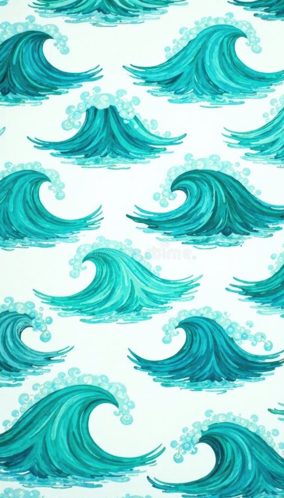 Stylized Turquoise Waves, White Background, Repeating Marine Pattern ...